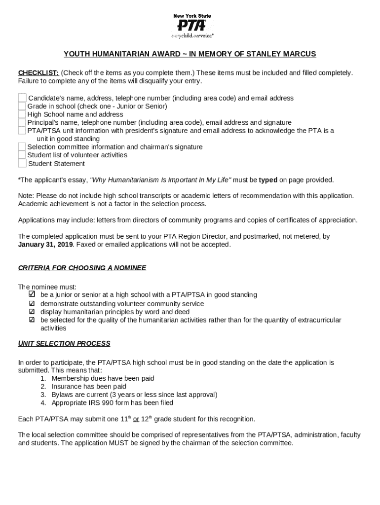 Youth Humanitarian Award Application Doc Template | pdfFiller