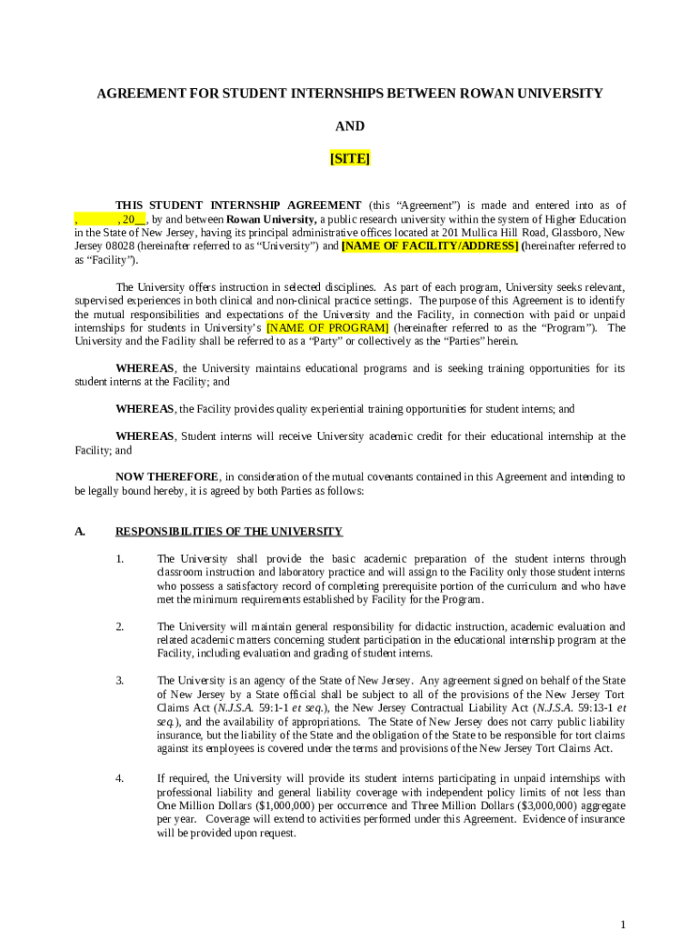 Student Internship Agreement Doc Template | pdfFiller