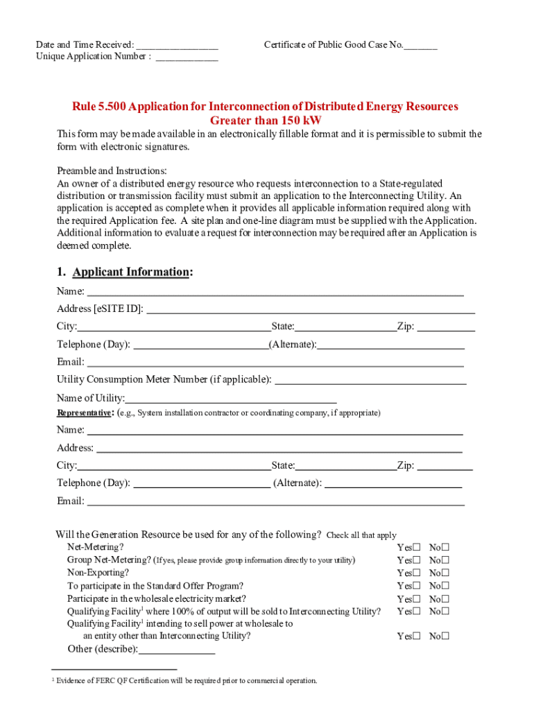 Fillable Online Application for Interconnection of Distributed Energy Resources Greater Than 150 ...