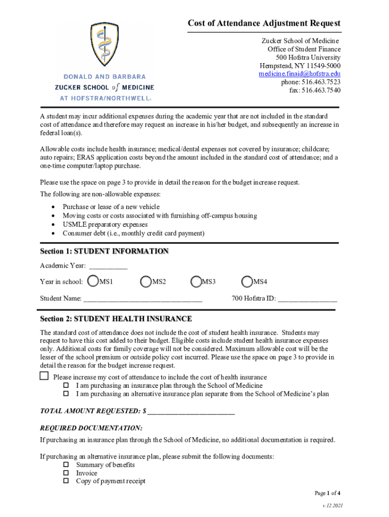 Fillable Online Cost of Attendance Adjustment Request - Zucker School of Medicine Fax Email ...