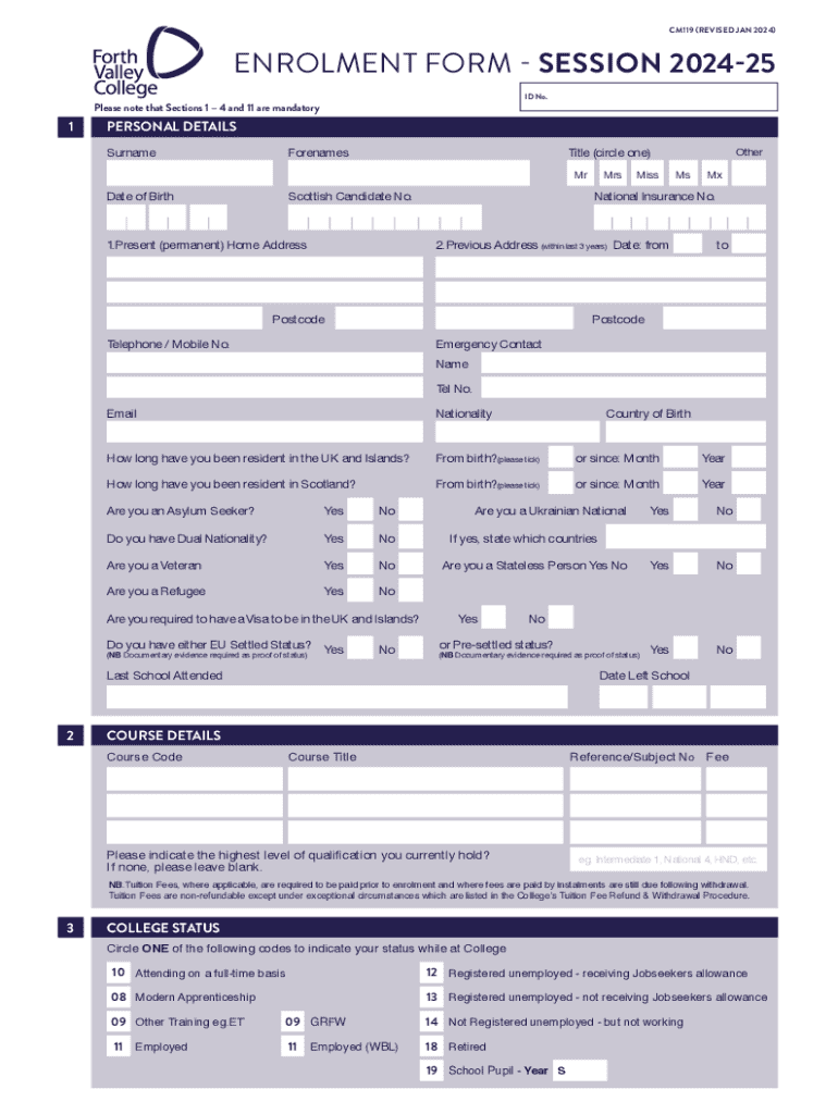 Fillable Online Forth Valley College Enrolment Form Fax Email Print ...