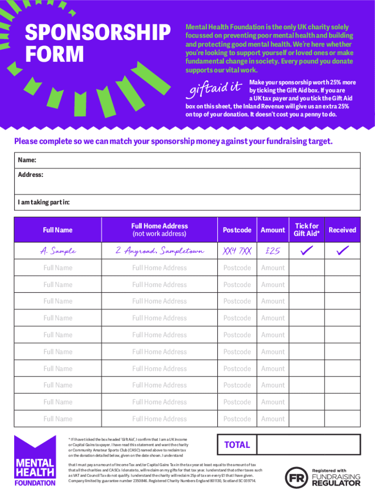 Fillable Online Mental Health Foundation Sponsorship Form Fax Email ...