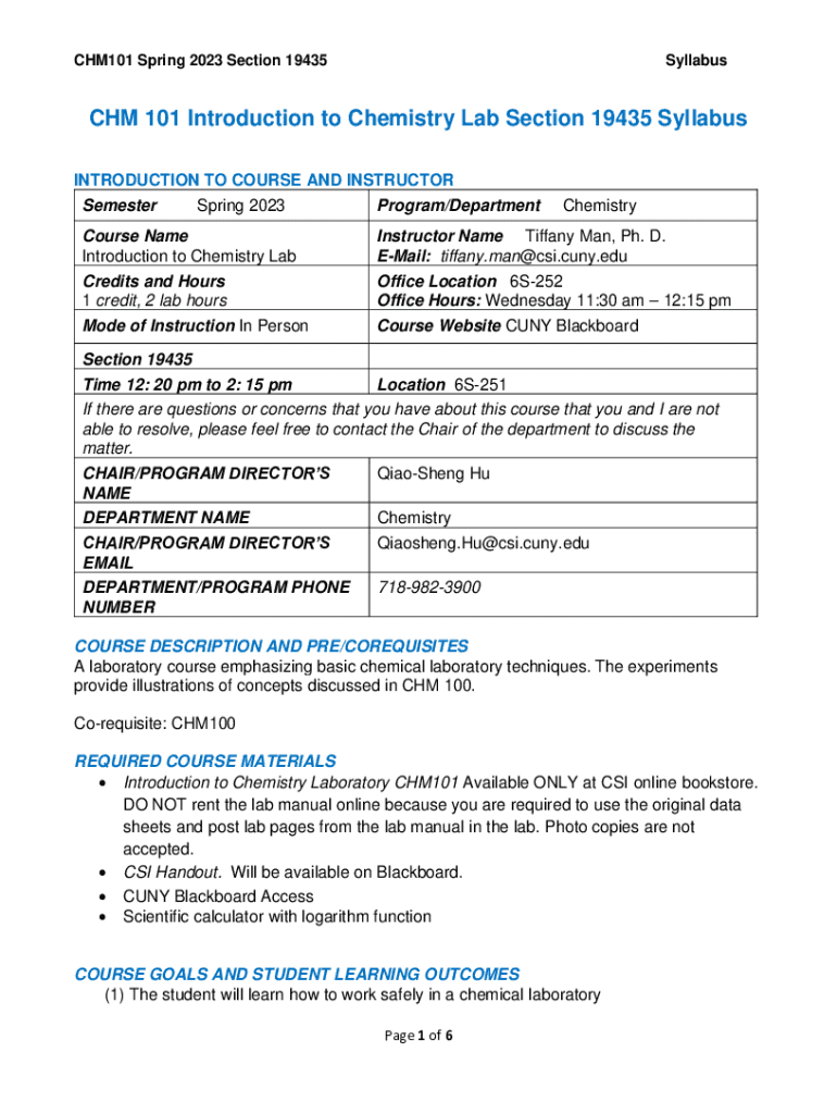 Fillable Online CHM 101 Introduction to Chemistry Lab Section 19435 Syllabus Fax Email Print ...