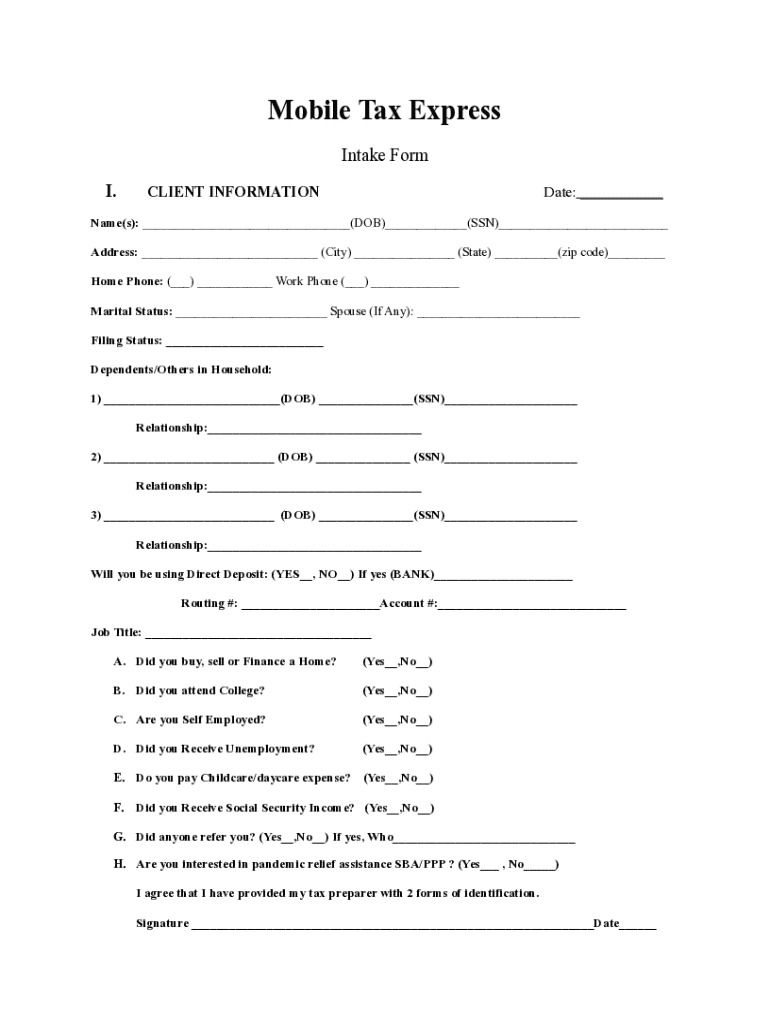 Fillable Online Mobile Tax Express (Intake Form) Fax Email Print ...