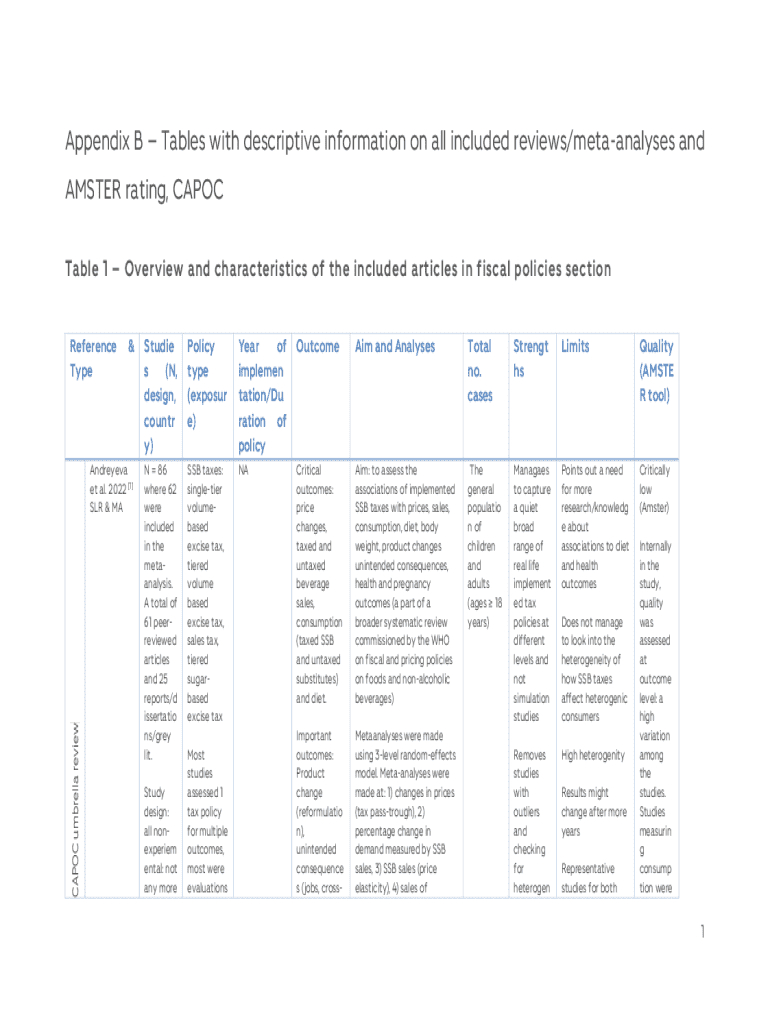 Fillable Online Appendix B. Brief Evidence Table of Included Reviews ...