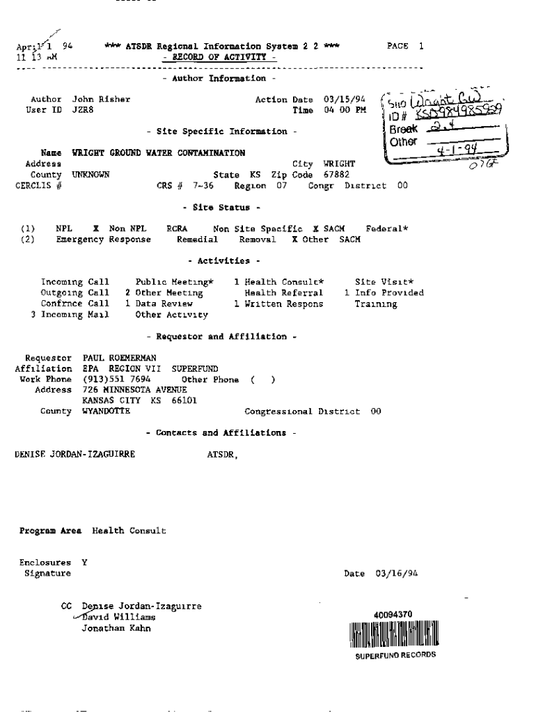 Fillable Online ATSDR REGIONAL INFORMATION SYSTEM 2.2, RECORD OF ...