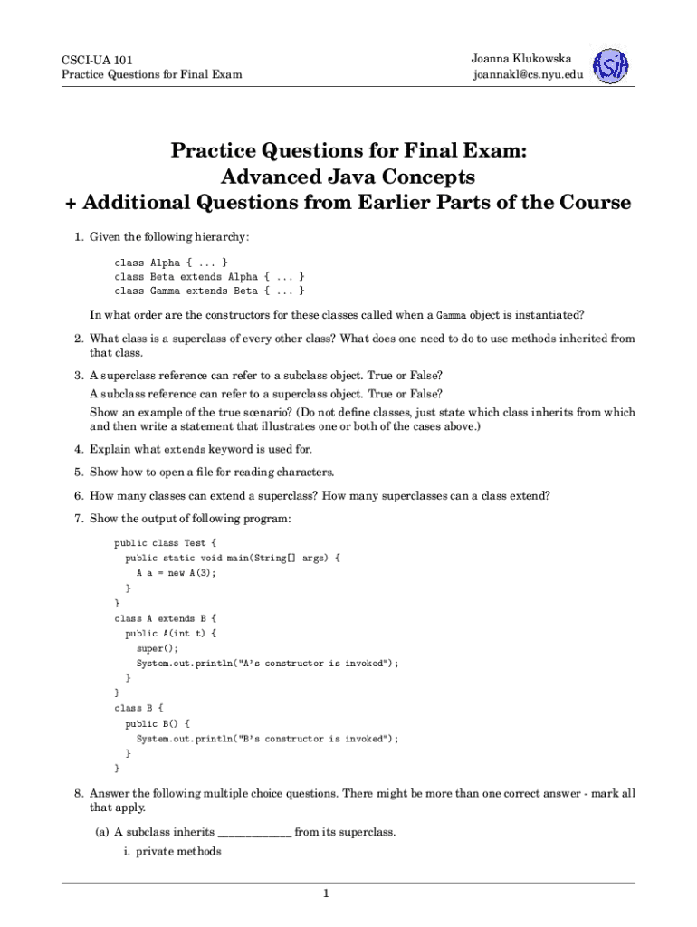 Fillable Online Csci-ua 101 Practice Questions Fax Email Print - pdfFiller