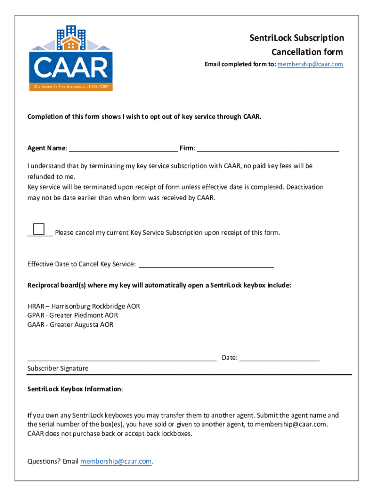 Fillable Online Sentrilock Subscription Cancellation Fax Email Print ...