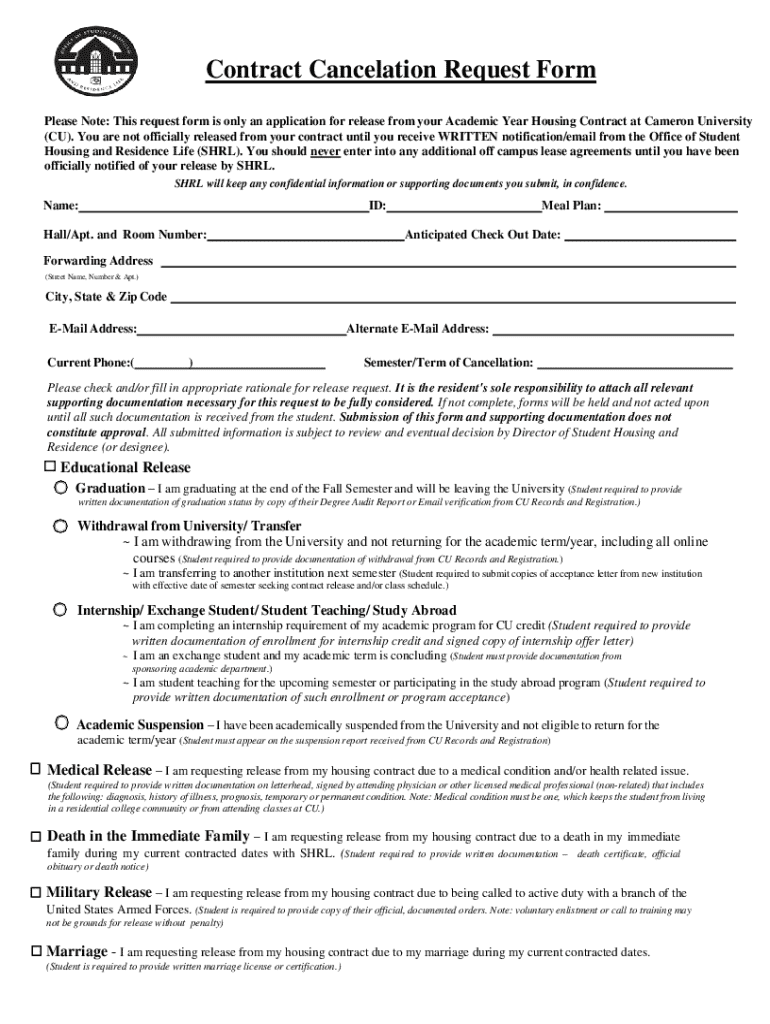 Fillable Online Request for Release From Housing Contract Fax Email Print - pdfFiller