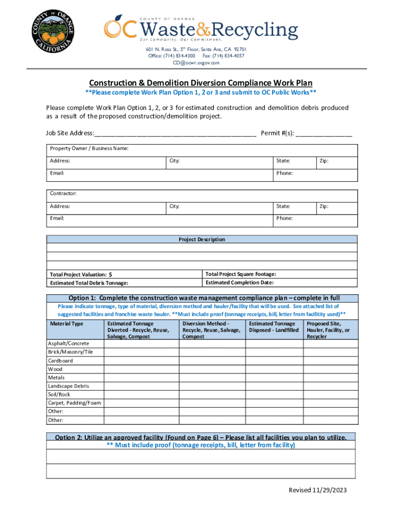 Fillable Online Construction & Demolition Diversion Compliance Work Plan Fax Email Print - pdfFiller