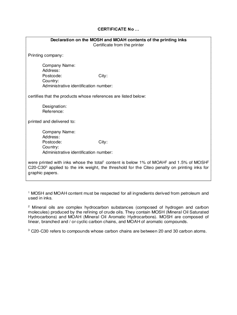 Fillable Online CERTIFICATE NoDeclaration on the MOSH and MOAH ... Fax ...