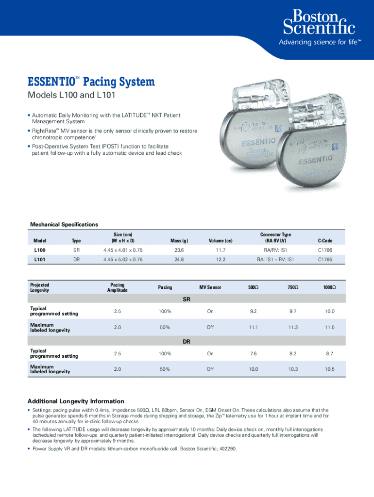 Fillable Online Essentio™ Pacing System Models L100 and L101 Fax Email ...