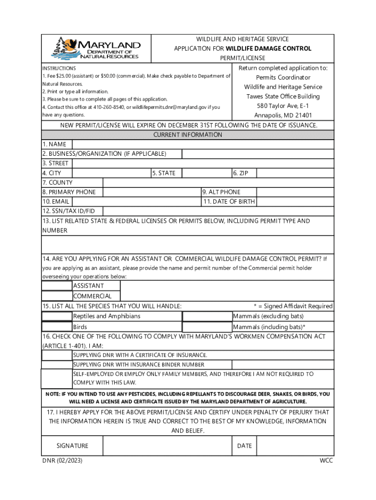 Fillable Online Wildlife Damage Control Operator Permit/License Application. Wildlife Damage ...