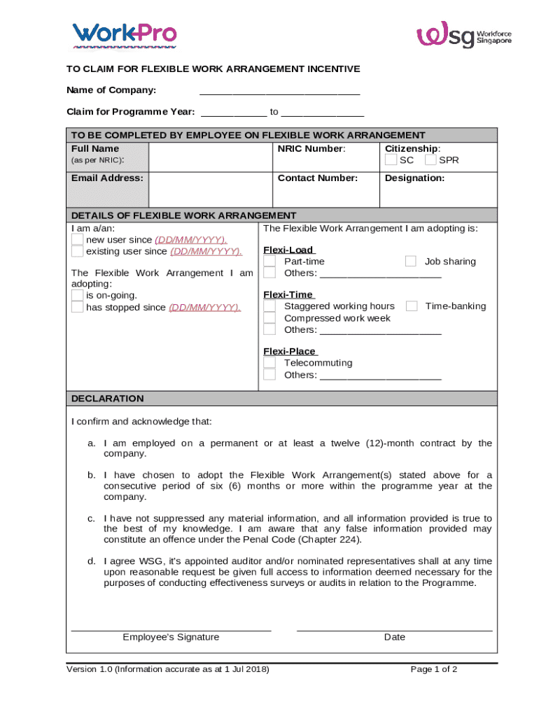 Flexible Work Arrangement Incentive Claim Doc Template | pdfFiller
