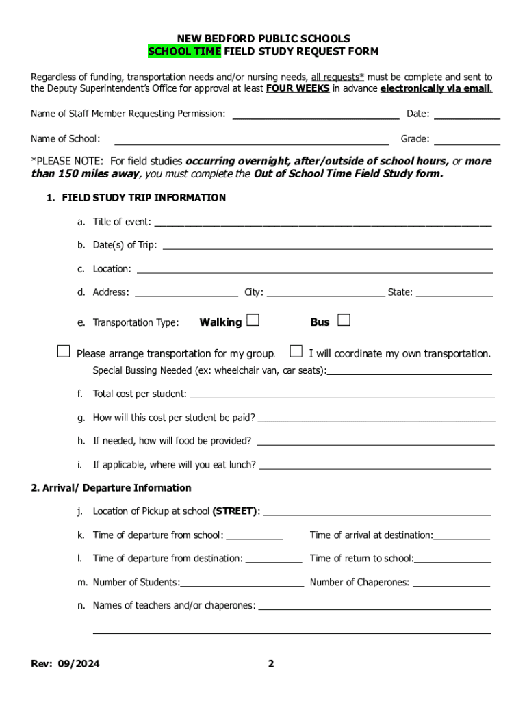 Fillable Online New Bedford Public Schools School Time Field Study ...