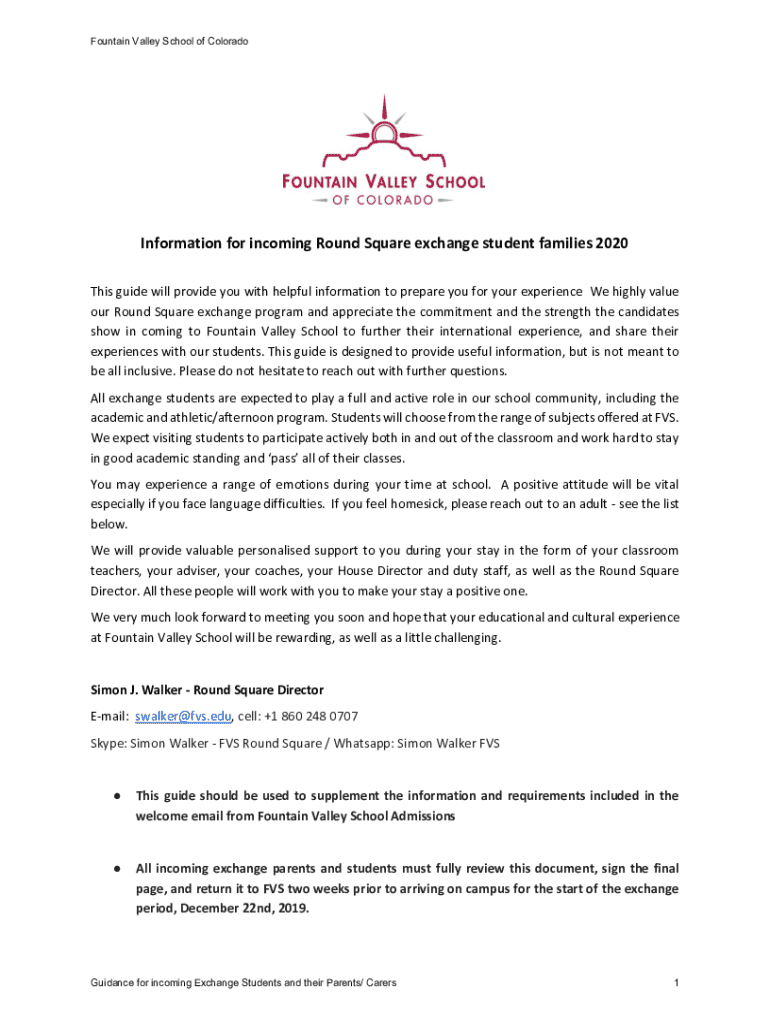 Fillable Online Information for incoming Round Square exchange student ...