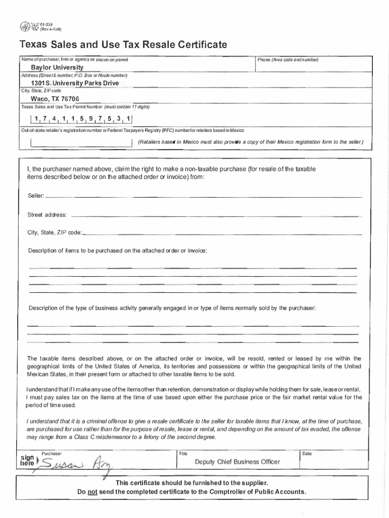 Fillable Online Texas Sales and Use Tax Resale Certificate Fax Email ...