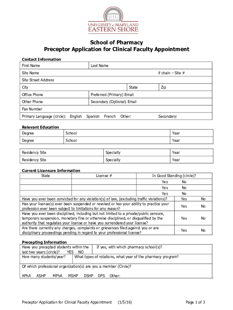 Fillable Online Preceptor Application for Clinical Faculty Appointment ...