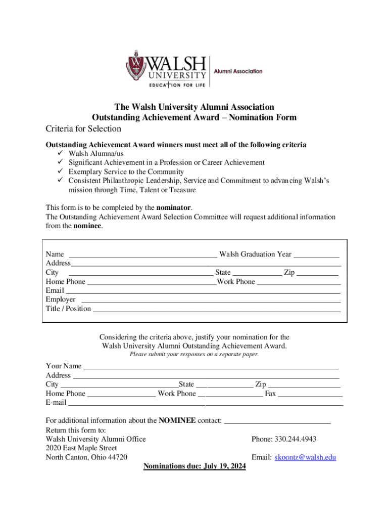 Fillable Online Walsh University Alumni Association Outstanding Achievement Award Nomination Fax ...