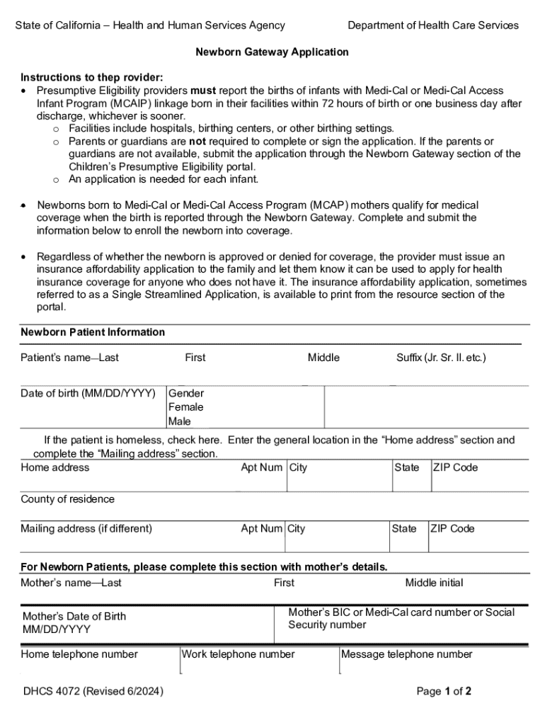 Fillable Online Newborn Gateway Application Instructions Fax Email ...