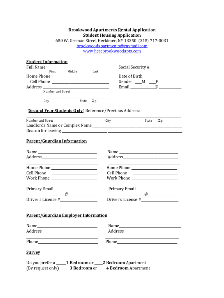 Fillable Online Brookwood Apartments Rental Application Student Housing ...