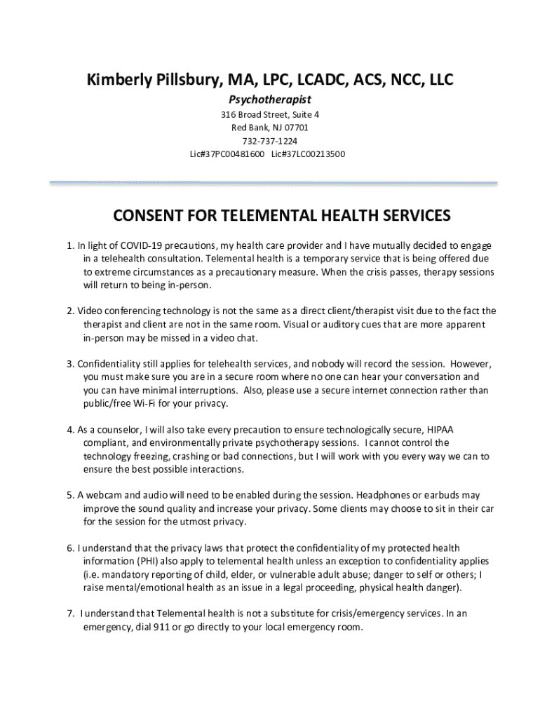 Fillable Online Consent for Telemental Health Services Fax Email Print ...