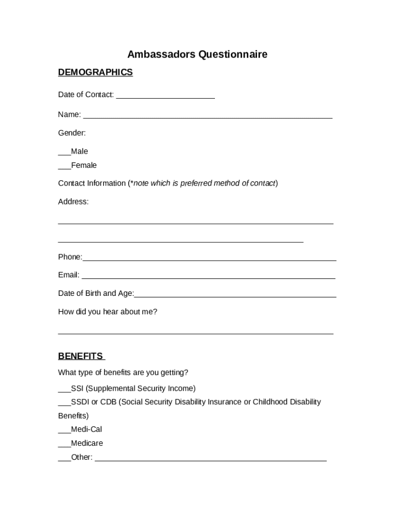 Ambassadors Questionnaire Doc Template | pdfFiller