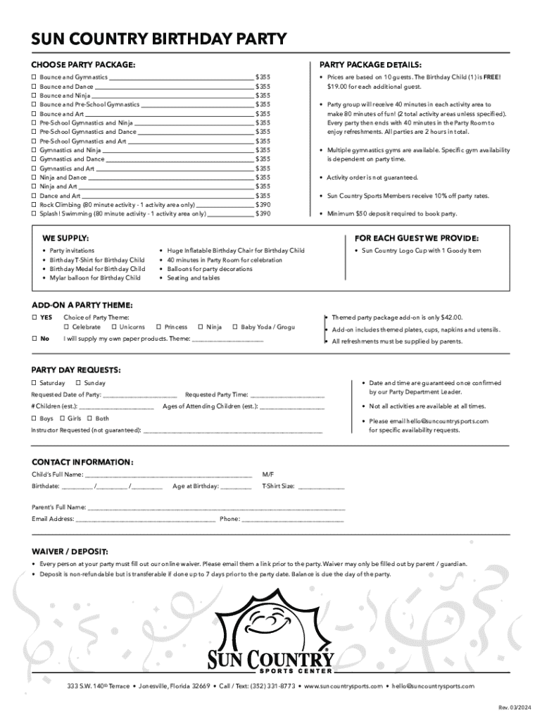 Fillable Online Sun Country Birthday Party Packages and Details Fax ...