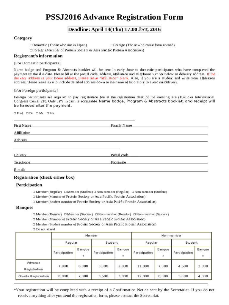Pssj2016 Advance Registration Doc Template | pdfFiller