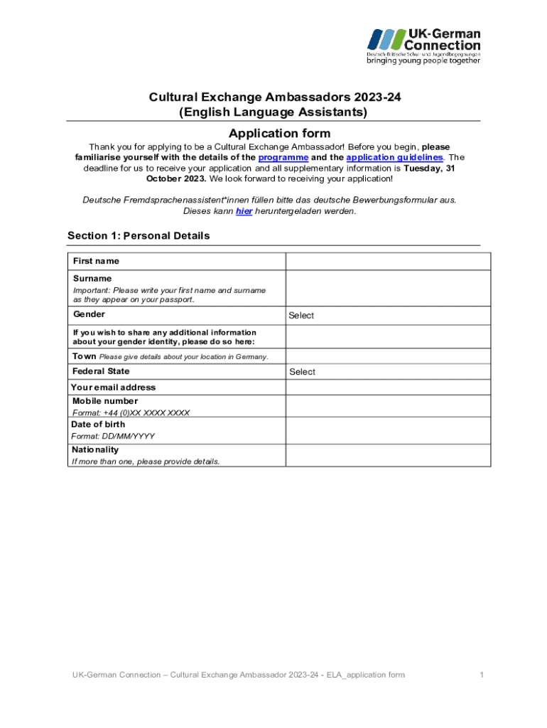 Fillable Online Cultural Exchange Ambassadors 2023-24 Application Fax ...