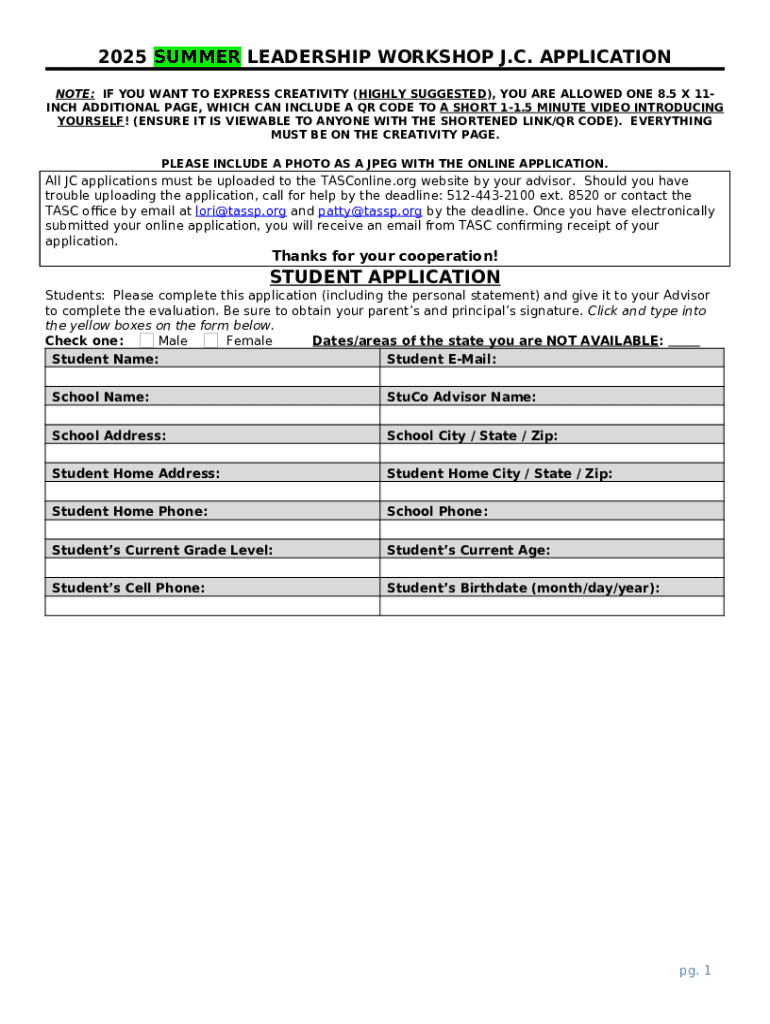 Student Application for Tasc Junior Counselor Doc Template | pdfFiller