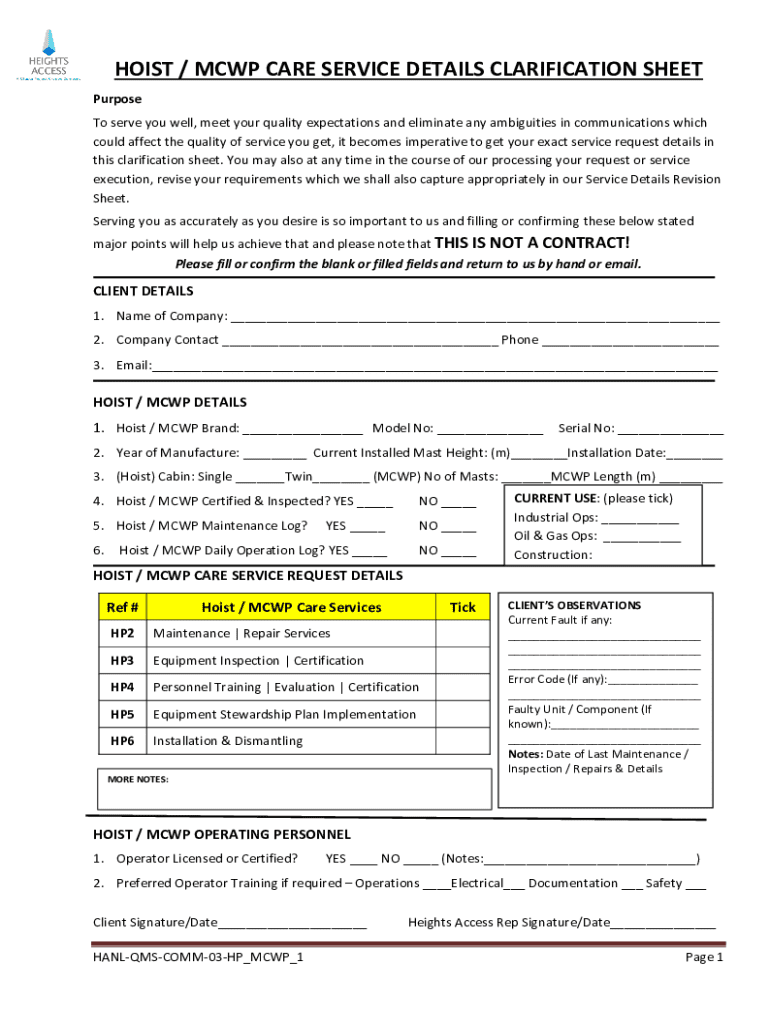 Fillable Online Hoist and Mcwp Care Service Details Clarification Sheet ...