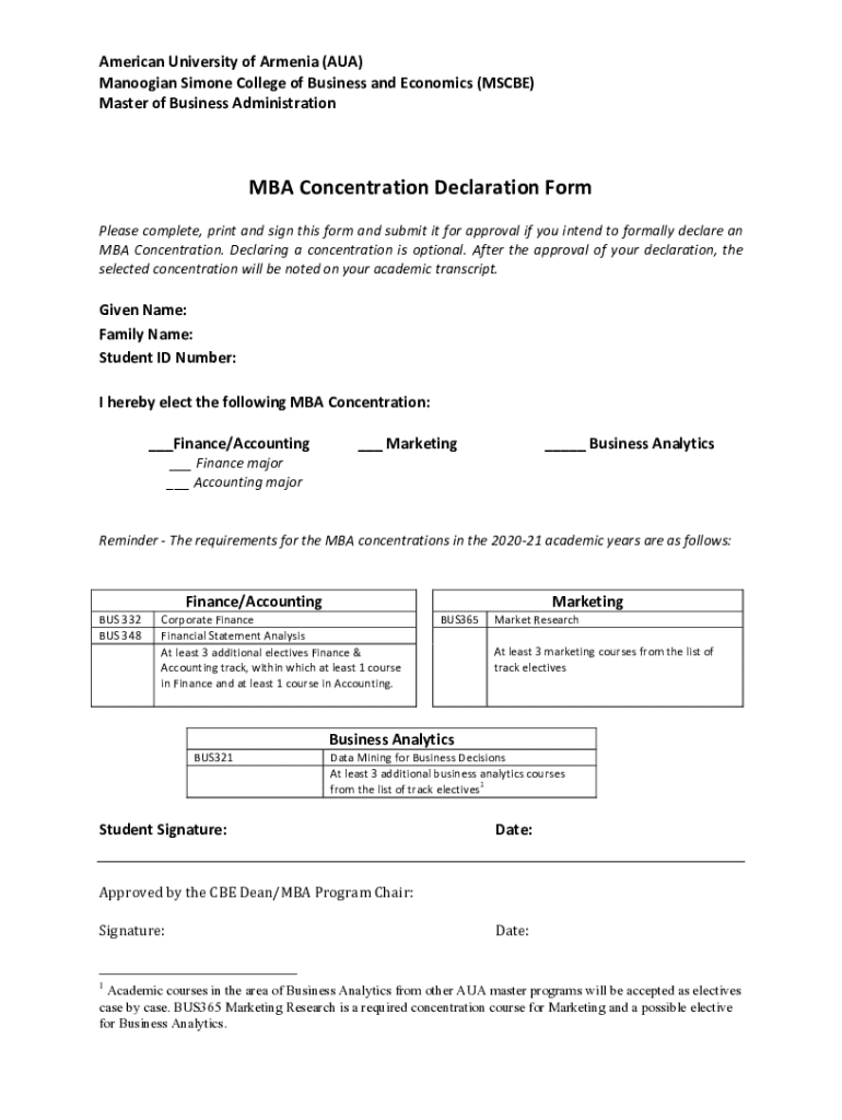 Fillable Online MBA Concentration Declaration Form 2020updatd Sept 25.docx Fax Email Print ...
