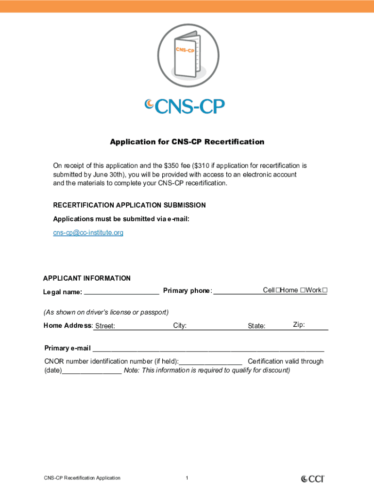 Fillable Online Application for CNS-CP Recertification Fax Email Print - pdfFiller