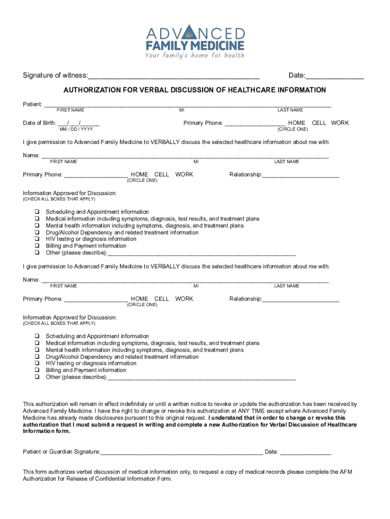 Fillable Online Authorization for Verbal Discussion of Healthcare ...