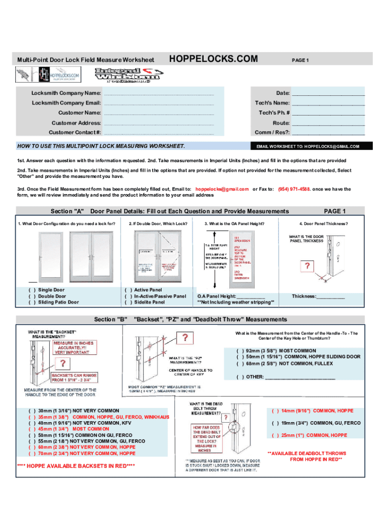 Fillable Online Multi-point Door Lock Measurement Worksheet Fax Email ...