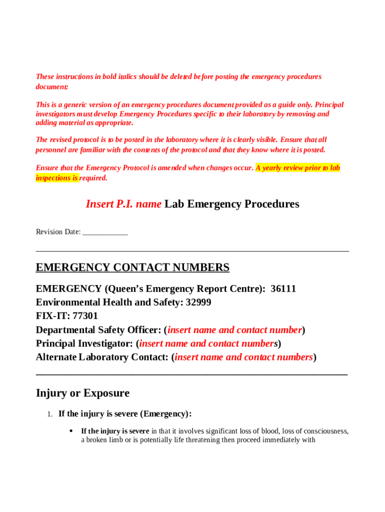 Lab Emergency Procedures Template - Blank Fillable Template | Fill Out ...