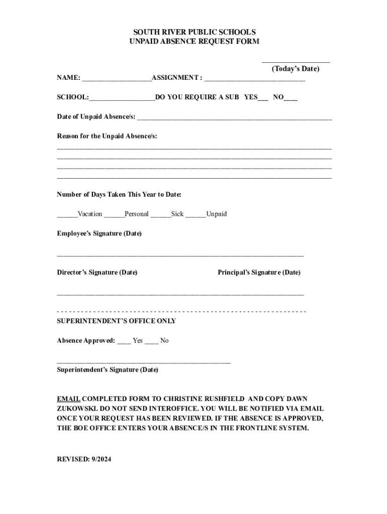 Fillable Online South River Public Schools Unpaid Absence Request Form Fax Email Print - pdfFiller