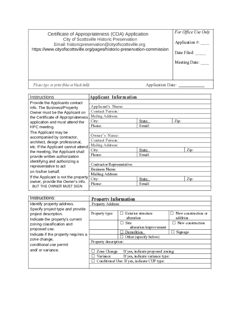 Fillable Online Certificate of Appropriateness (COA) Application C ...