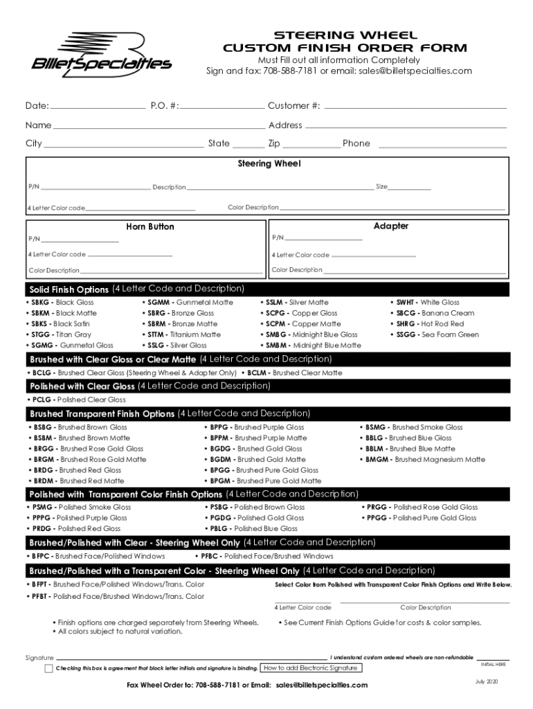 Fillable Online Steering Wheel Custom Finish Order Fax Email Print ...