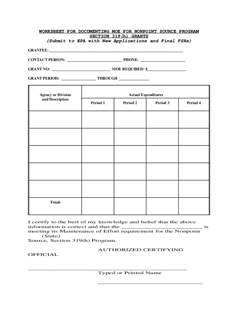 Fillable Online Worksheet for Documenting Moe for Nonpoint Source Program Section 319(h) Grants ...