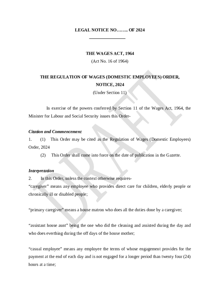 Regulation of Wages (domestic Employees) Order, 2024 Doc Template | pdfFiller
