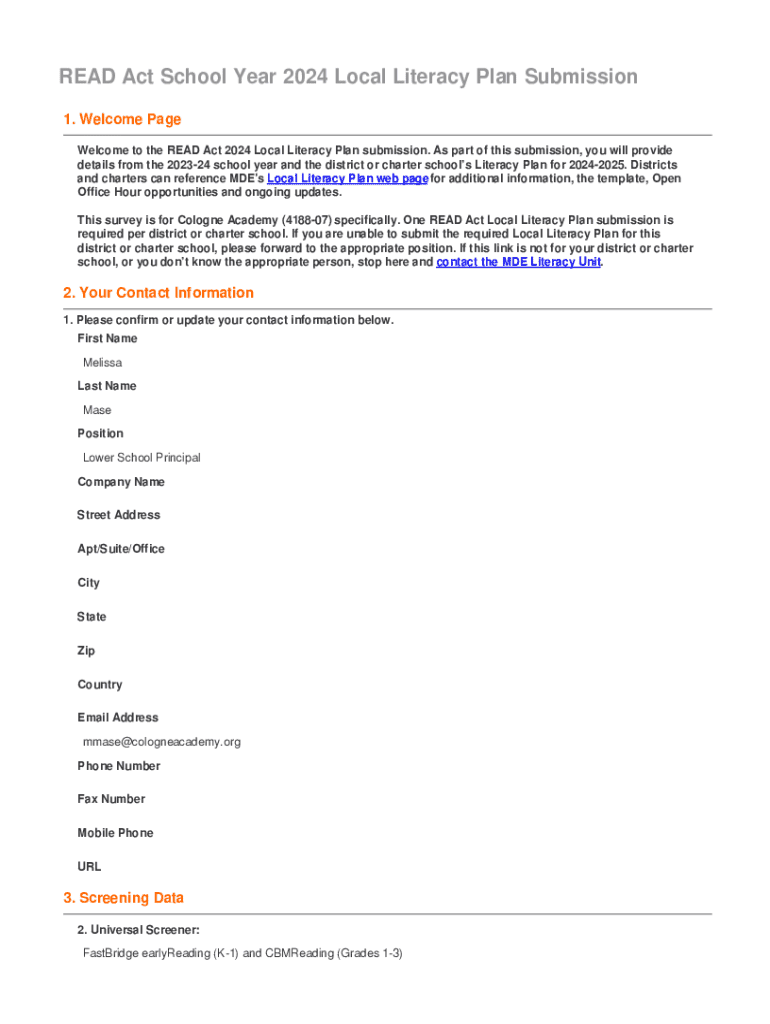 Fillable Online Local Literacy Plan Template: 2024-25 School Year Fax ...