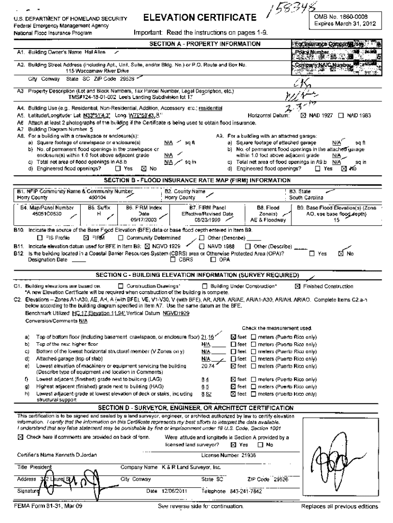 Fillable Online National Flood Insurance Program Elevation Certificate ...