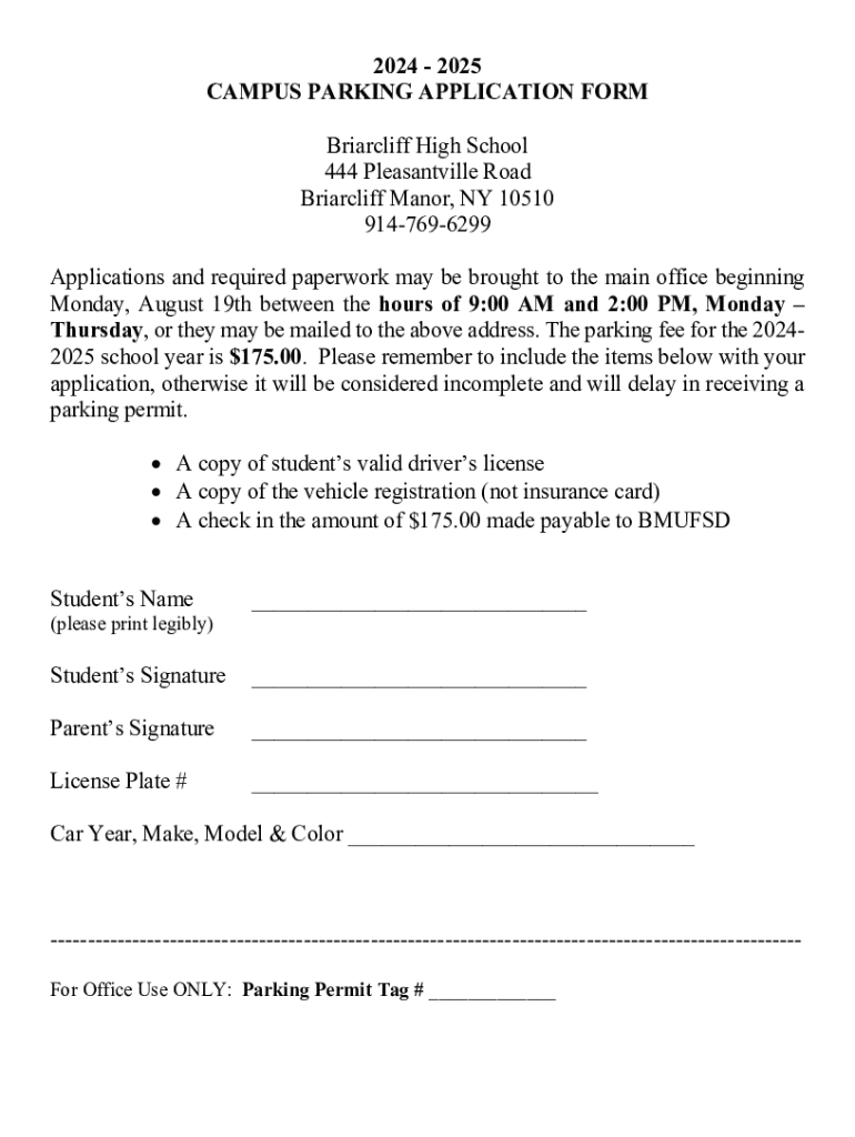 Fillable Online Briarcliff High School Parking Application 2024-2025 Fax Email Print - pdfFiller