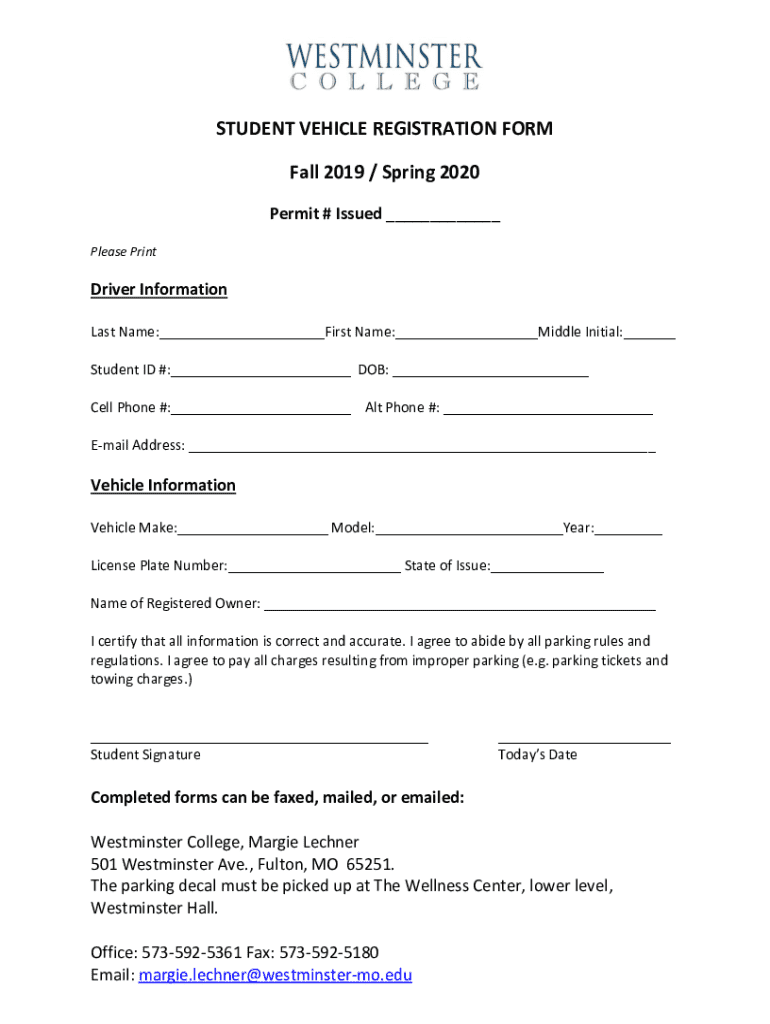 Fillable Online Student Vehicle Registration Form for Fall 2019 ...
