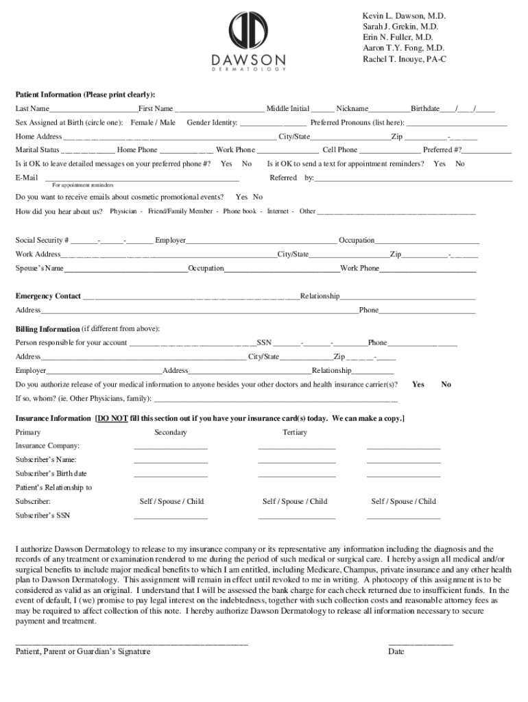 Fillable Online Dawson Dermatology Patient Intake Form Fax Email Print ...