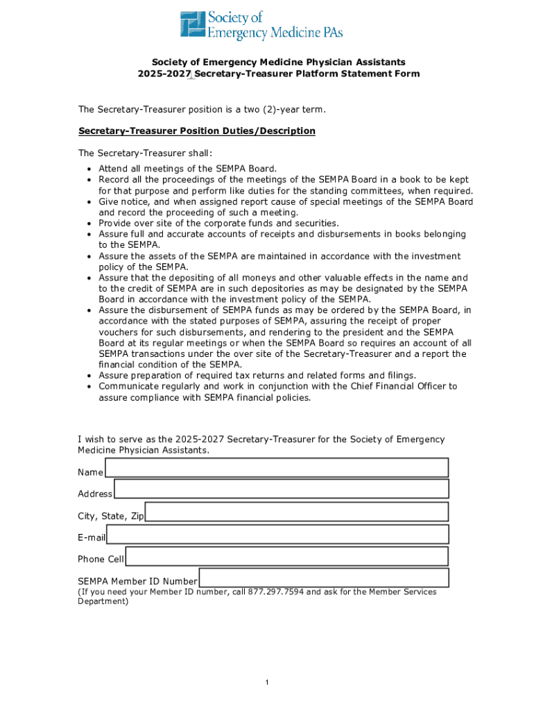 Fillable Online 2025-2027 Secretary-treasurer Platform Statement Fax ...