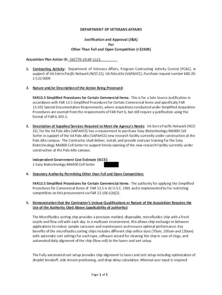 Fillable Online justification and approval (j&a) - VA Vendor Portal Fax ...