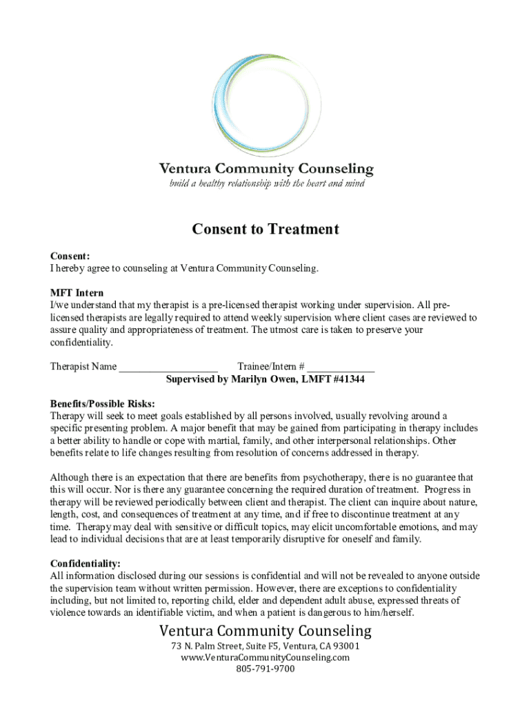 Fillable Online Consent to Counseling at Ventura Community Counseling ...